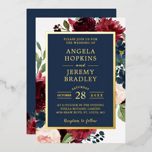 Classy Burgundy Red Navy Blue Floral Wedding Real Foil Invitation | Zazzle