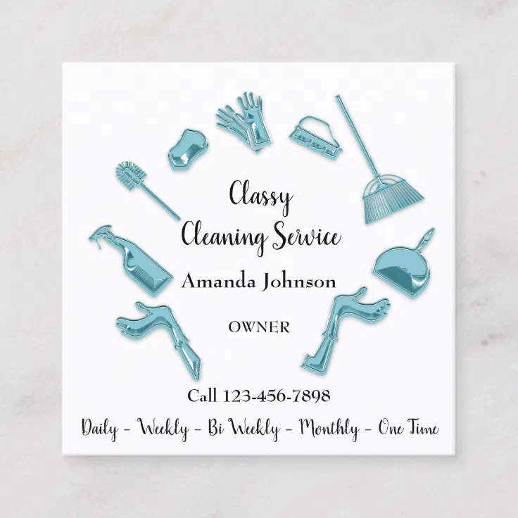 Classy Cleaning Service House Logo Maid Teal Blue Square Business Card | Zazzle