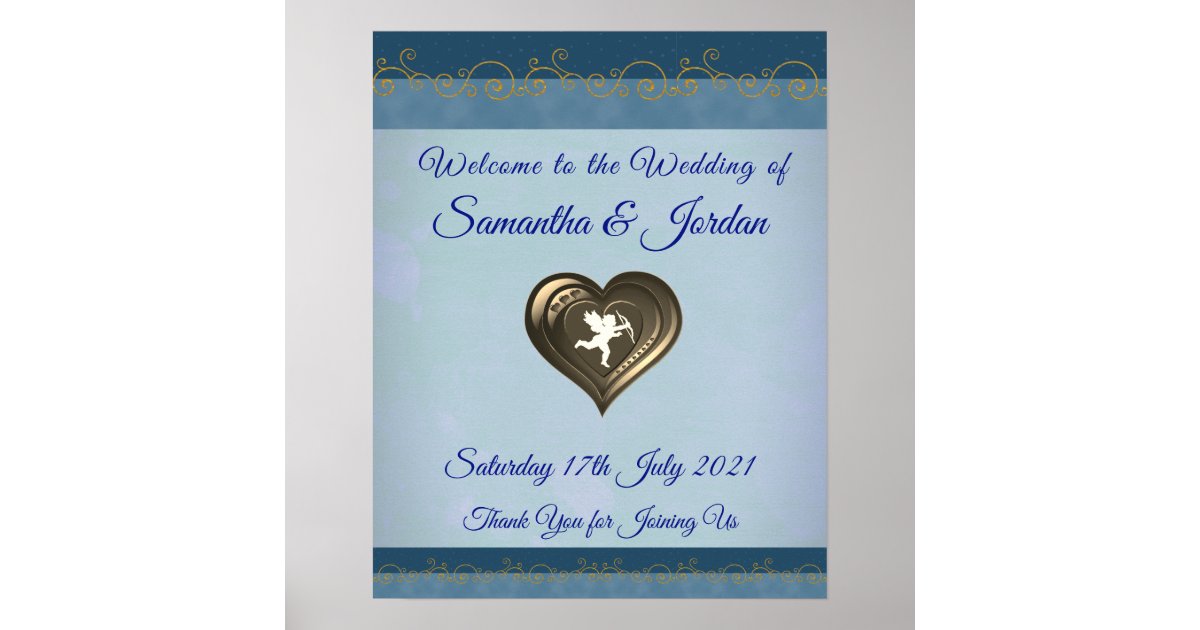 Classy Cupid in Heart, Blue & Gold Welcome Poster | Zazzle