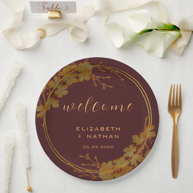 Classy Dark Burgundy & Gold Floral Welcome Paper Plates | Zazzle