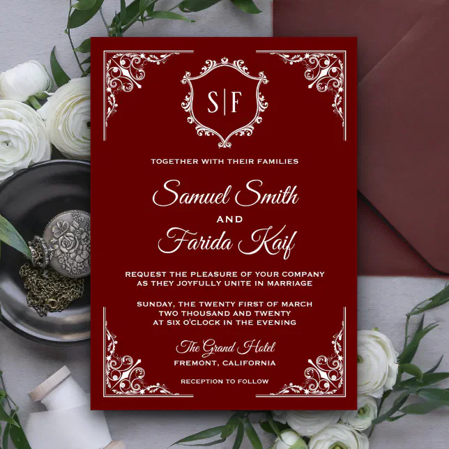 Classy Dark Red Ornate Monogram Wedding Invitation | Zazzle