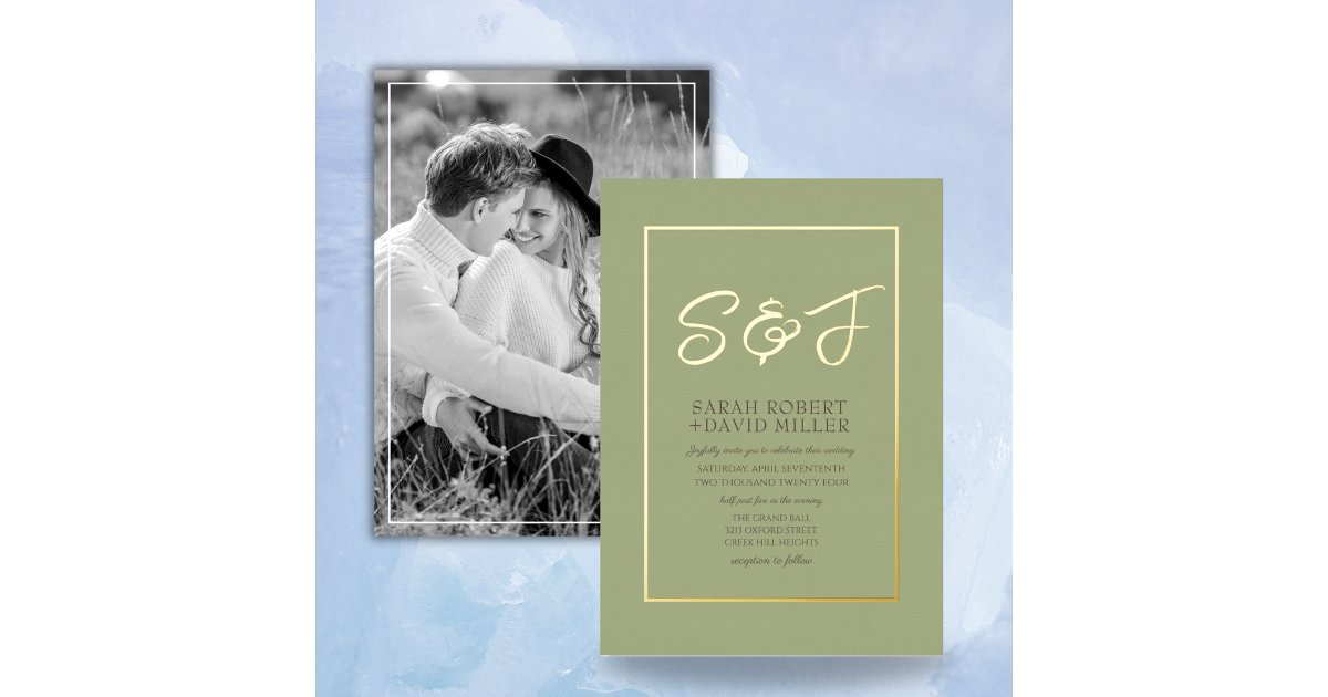 Classy Earth Tone Sage Green Gold Frame Photo Foil Invitation | Zazzle