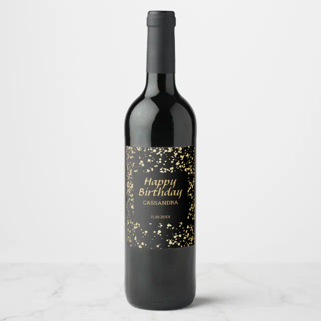 Classy Egypt Gold Sprinkles Black Birthday Wine Label | Zazzle
