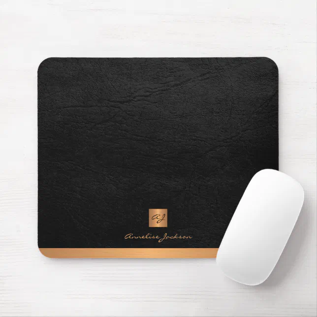 Classy elegant black leather gold monogrammed mouse pad | Zazzle