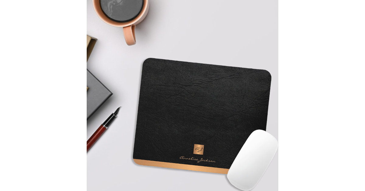 Classy elegant black leather gold monogrammed mouse pad | Zazzle
