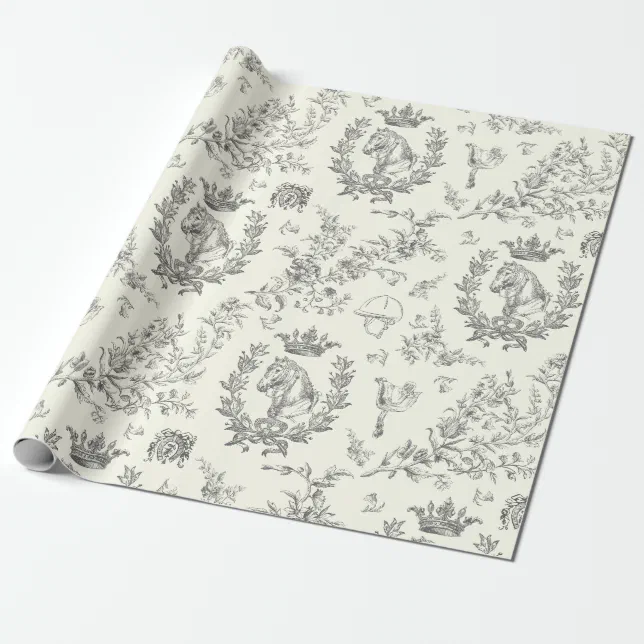 Classy Elegant Chic Black White Equestrian Toile Wrapping Paper | Zazzle