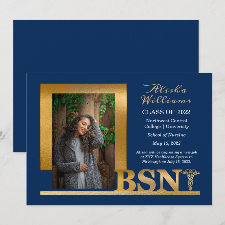 Classy Elegant Gold BSN Caduceus 1 Photo Dk Blue Announcement | Zazzle