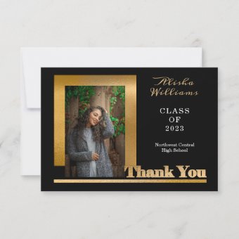 Classy Elegant Gold Text Graduate 1 Photo Black Thank You Card | Zazzle