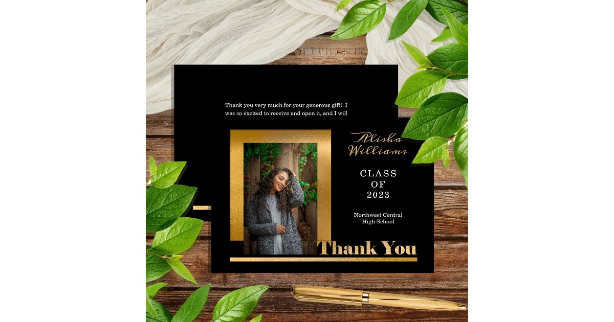 Classy Elegant Gold Text Graduate 1 Photo Black Thank You Card | Zazzle