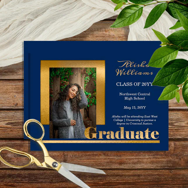 Classy Elegant Gold Text Graduate 1 Photo Blue Announcement | Zazzle