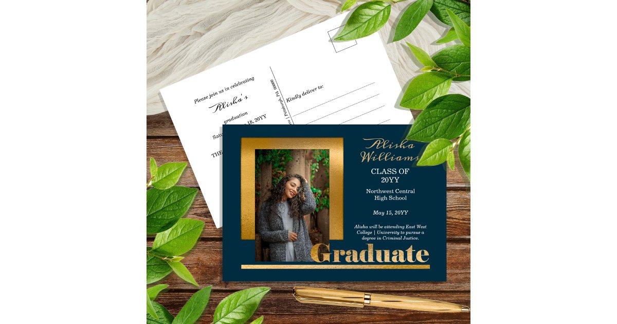 Classy Elegant Gold Text Graduate 1 Photo Dk Teal Postcard | Zazzle