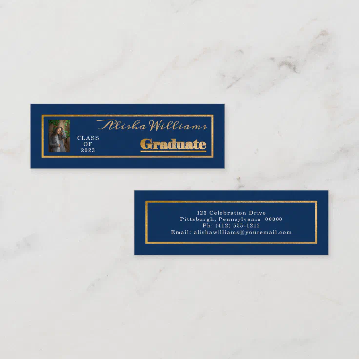 Classy Elegant Gold Text Graduate Photo Dk Blue Mini Business Card | Zazzle