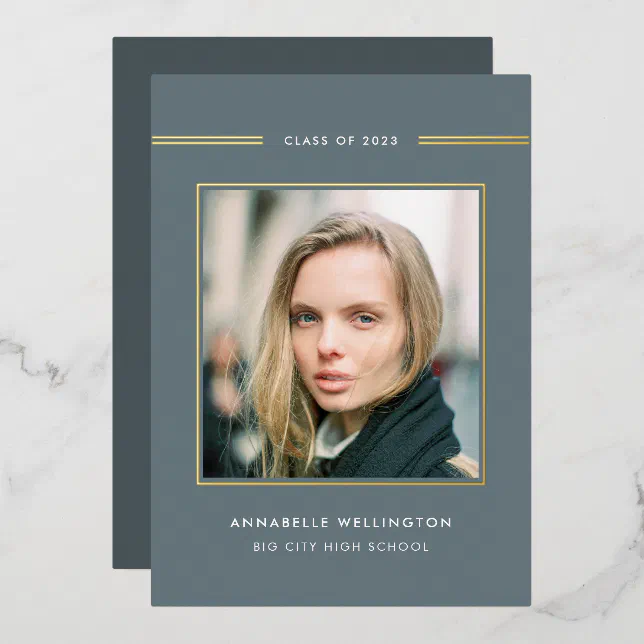 Classy Elegant Gray Graduation Photo Gold Foil Invitation | Zazzle