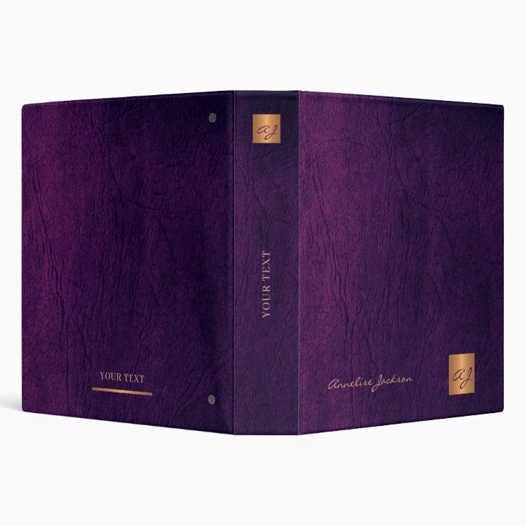 Classy elegant purple leather gold monogram office 3 ring binder | Zazzle