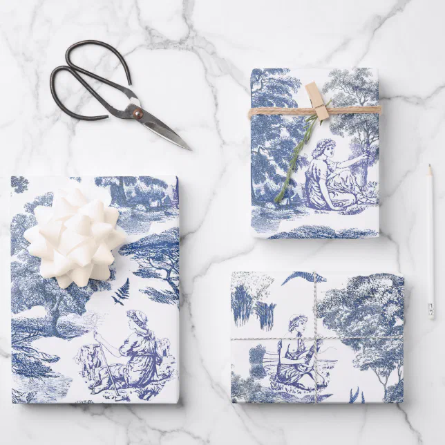 Classy Elegant Rustic Blue Country Toile Wrapping Paper Sheets | Zazzle