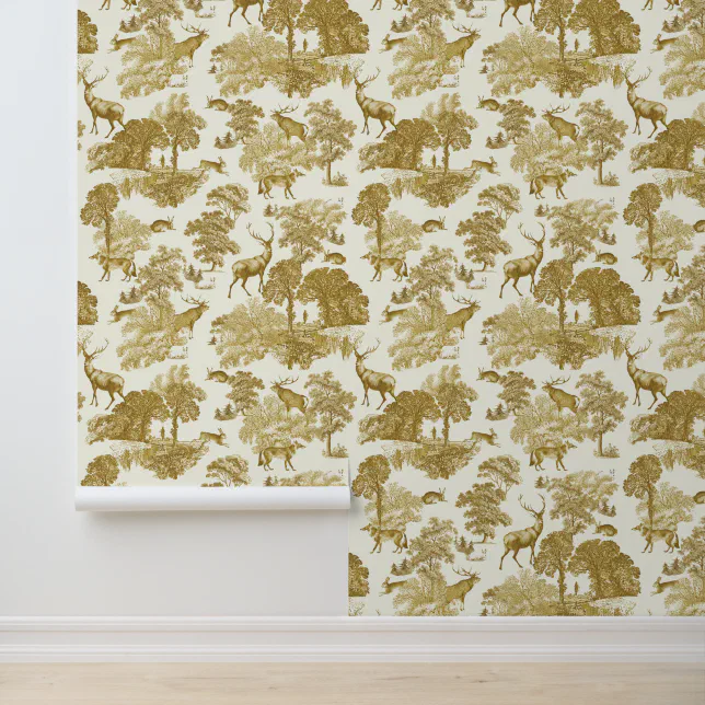 Classy Elegant Rustic Gold Deer Woodland Toile Wallpaper | Zazzle