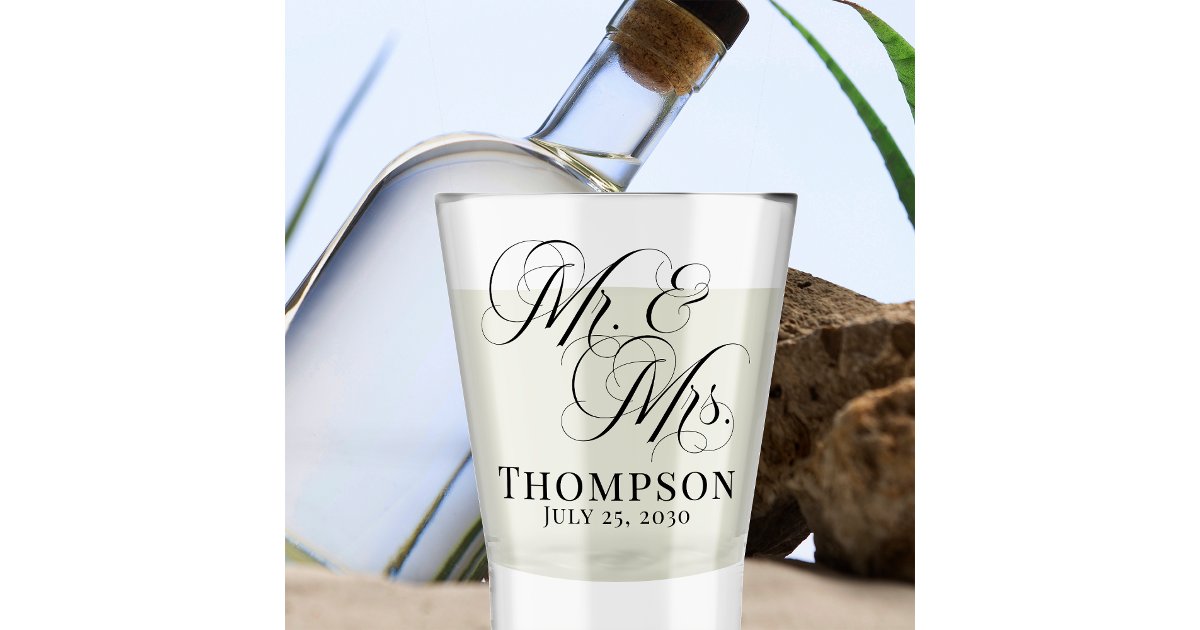 Classy Elegant Script Mr and Mrs Personalized Shot Glass | Zazzle