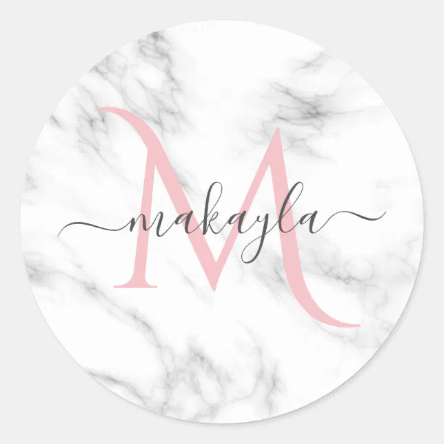 Classy Girly Luxury Marble Design Name Monogram Classic Round Sticker ...