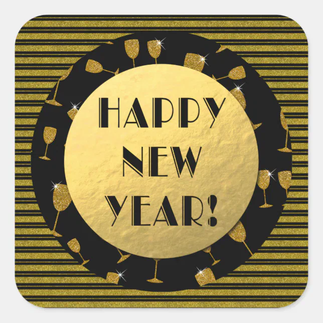 Classy Gold and Black Happy New Year! Square Sticker | Zazzle