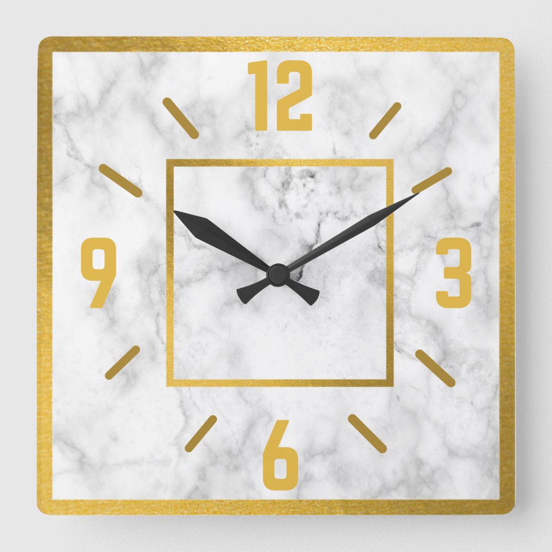 Classy Gold And White Faux Marble Square Wall Clock | Zazzle