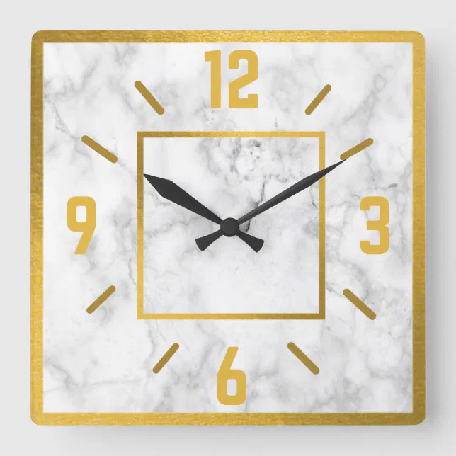 Classy Gold And White Faux Marble Square Wall Clock | Zazzle