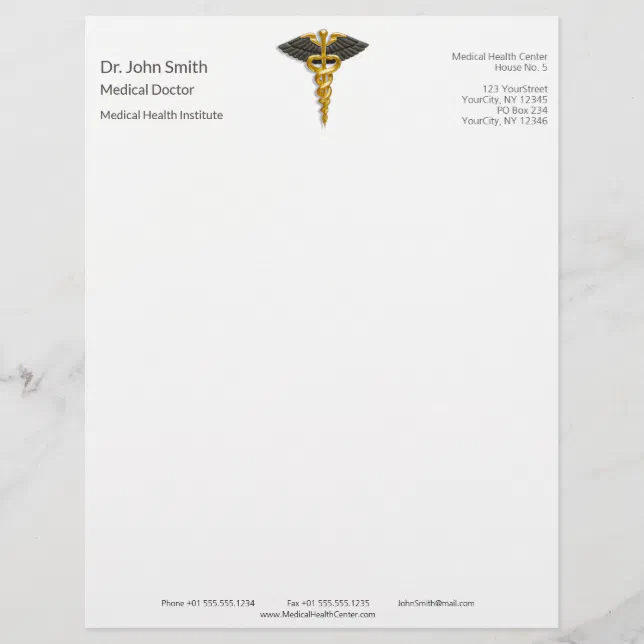 Classy Gold Caduceus Elegant Medical Black Wings Letterhead | Zazzle