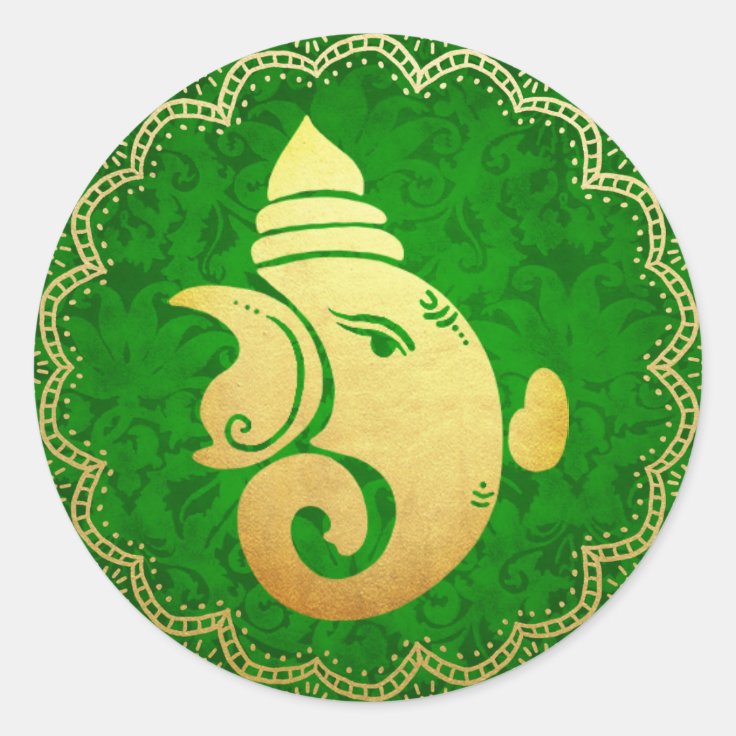Classy Gold Ganapati Indian Hindu God Green Classic Round Sticker | Zazzle