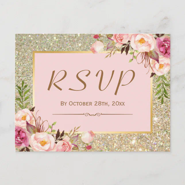 Classy Gold Glitter Pink Floral RSVP Response Invitation Postcard | Zazzle
