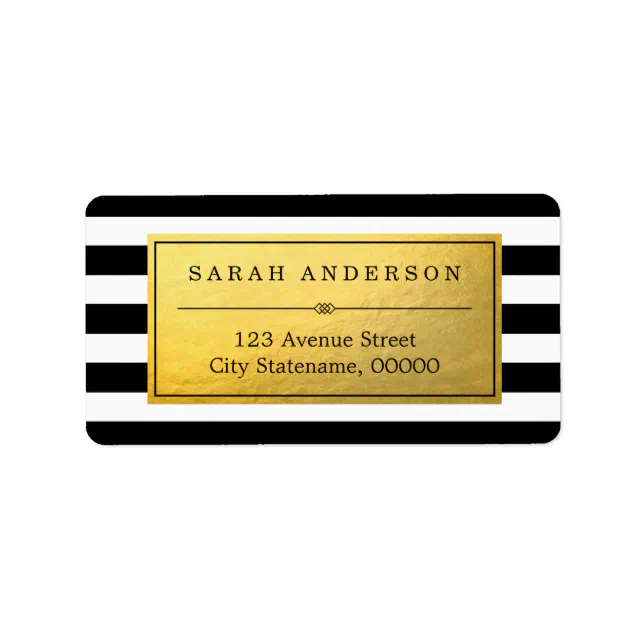 Classy Gold Label and Black White Stripes | Zazzle