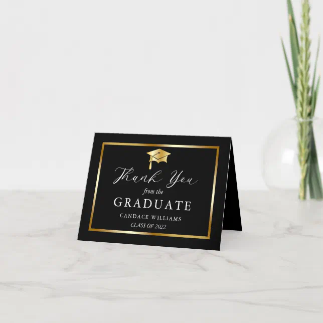Classy Gold Minimalist Graduation Black Thank You Card | Zazzle