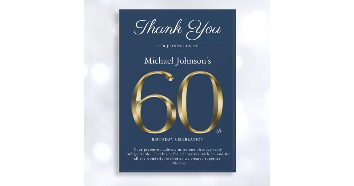Classy Gold Navy Blue 60th Birthday Thank You Card | Zazzle