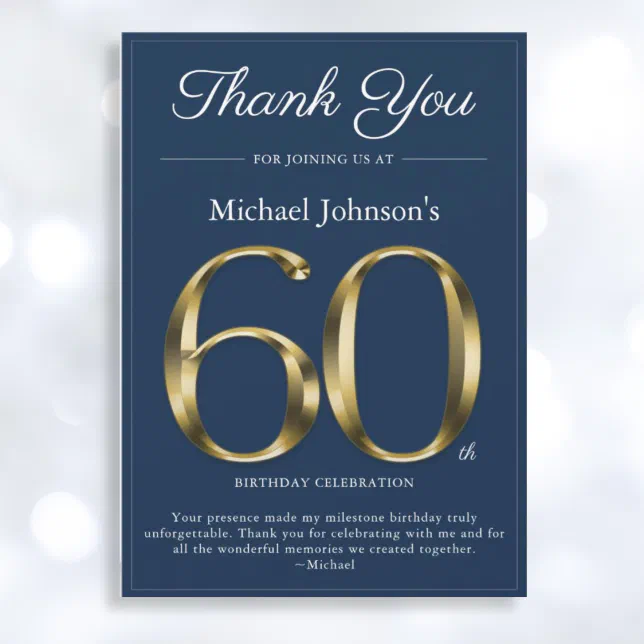 Classy Gold Navy Blue 60th Birthday Thank You Card | Zazzle