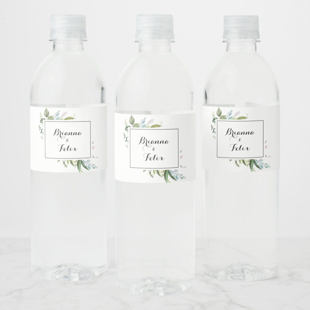 Classy Greenery Tropical Calligraphy Wedding Water Bottle Label | Zazzle