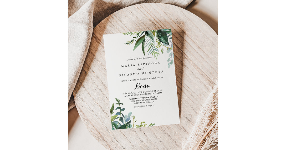 Classy Greenery Tropical Leaves Spanish Wedding Invitation | Zazzle
