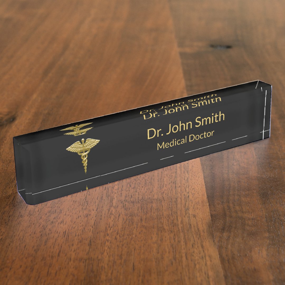Classy Medical Gold Caduceus on Black - Nameplate | Zazzle