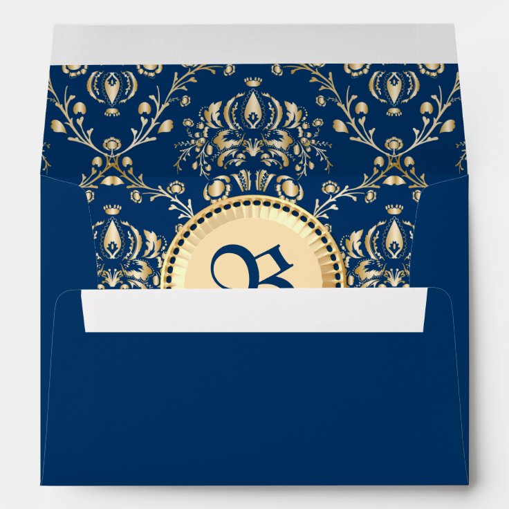 Classy Medieval Monogram Gold Midnight Blue Damask Envelope | Zazzle