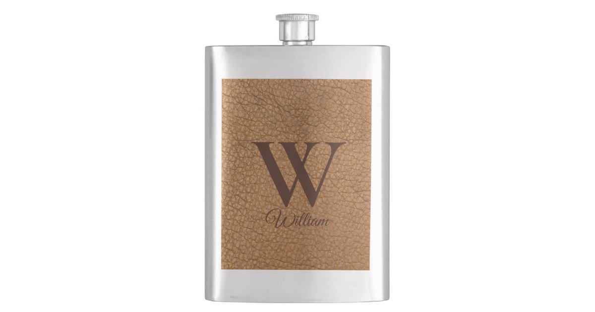Classy Monogrammed Initial Brown Faux Leather Flask | Zazzle