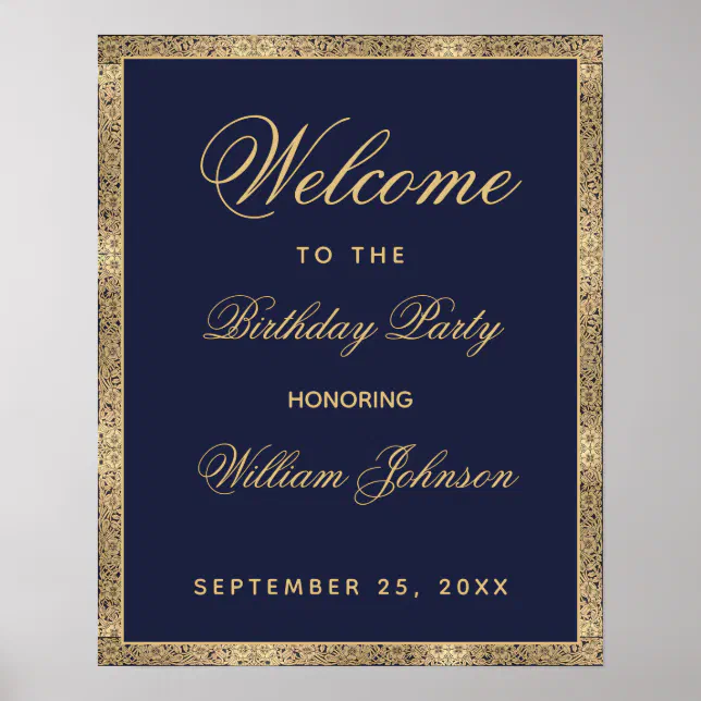Classy Navy Blue Gold Birthday Party Welcome Sign | Zazzle