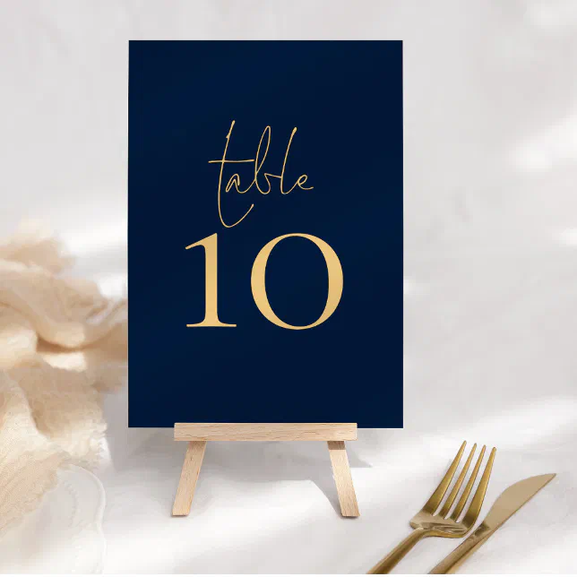 Classy Navy Blue Gold Script Wedding Table Number | Zazzle