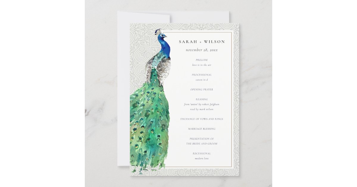 Classy Ornate Watercolor Peacock Wedding Program | Zazzle