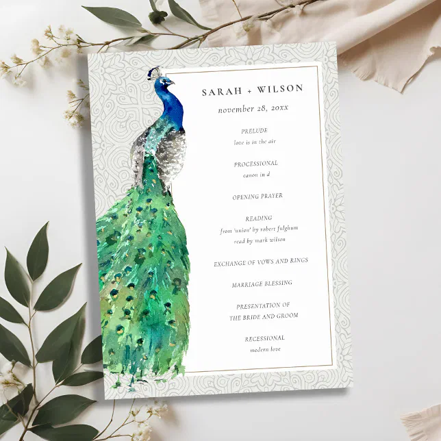 Classy Ornate Watercolor Peacock Wedding Program | Zazzle