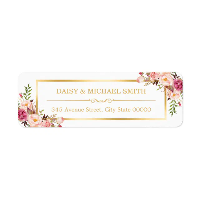 Classy Pastel Flowers White Chic Gold Frame Label | Zazzle