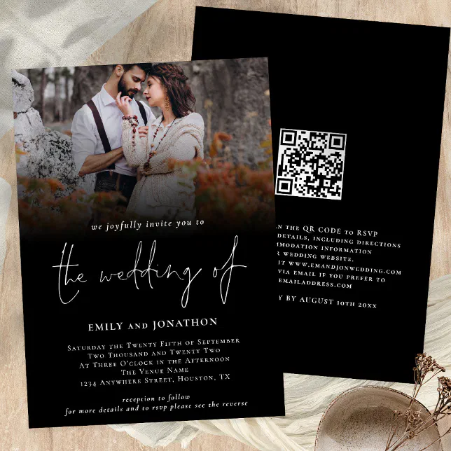 Classy Photo QR Code Script Wedding Black Invitation | Zazzle