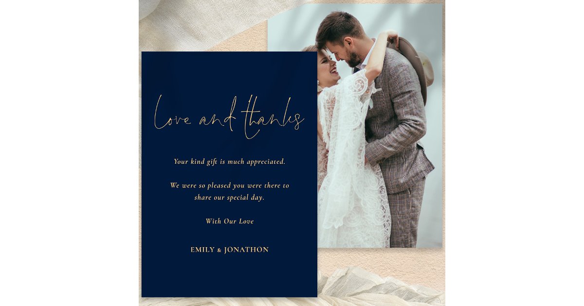 Classy Photo Wedding Love Thanks Script Navy Gold Card | Zazzle
