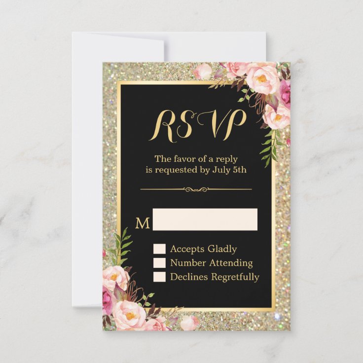 Classy Pink Floral Gold Glitter Sparkling RSVP | Zazzle