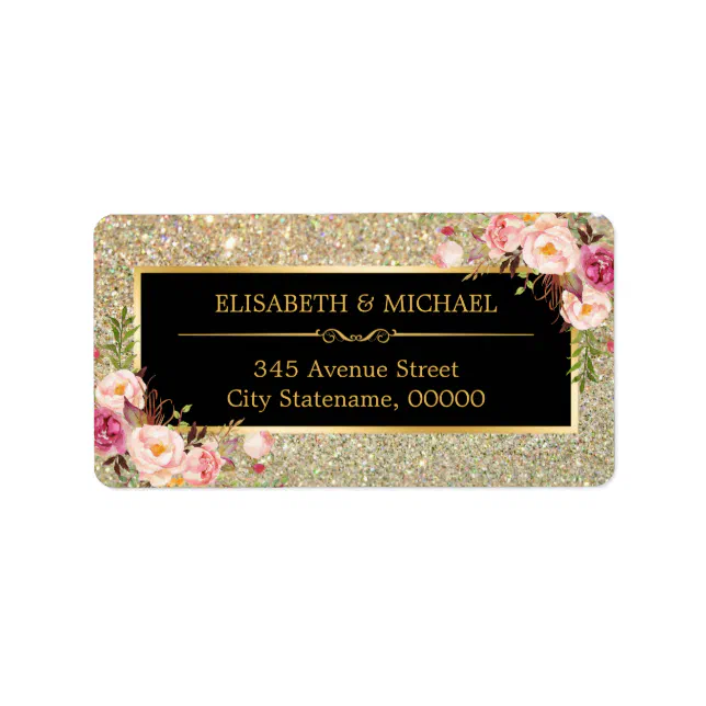 Classy Pink Floral Gold Glitter Sparkling Wedding Label | Zazzle