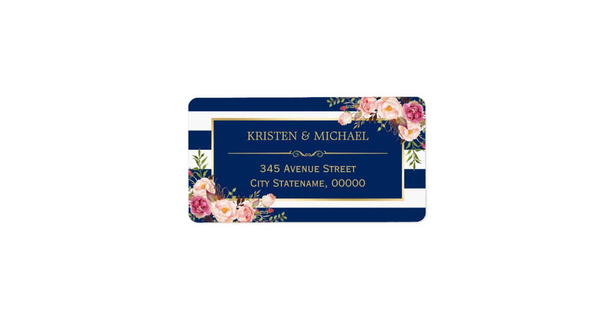 Classy Pink Floral Gold Navy Blue Stripes Label | Zazzle