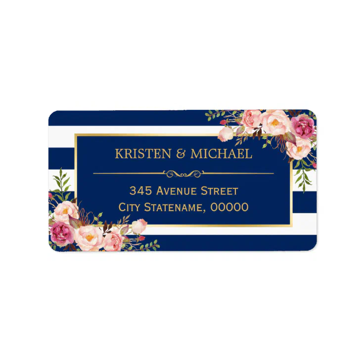 Classy Pink Floral Gold Navy Blue Stripes Label | Zazzle