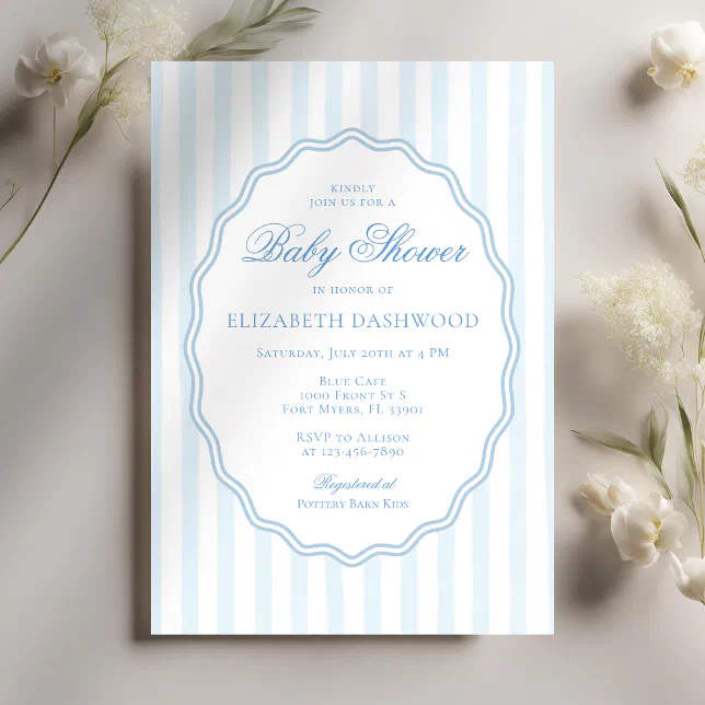 Classy Preppy Stripes Wavy Frame Coast Baby Shower Invitation | Zazzle