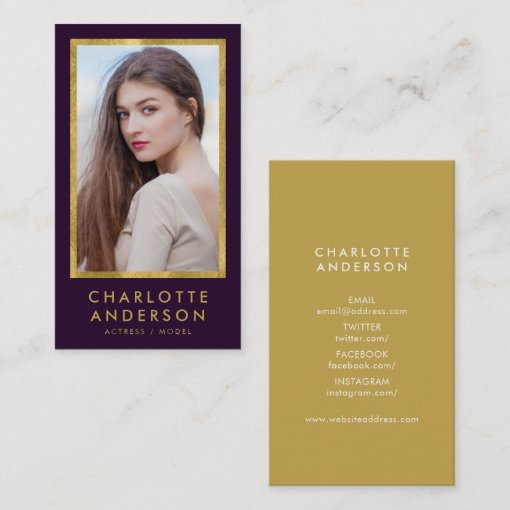 Classy Purple Faux Gold Headshot Photo Business Card | Zazzle